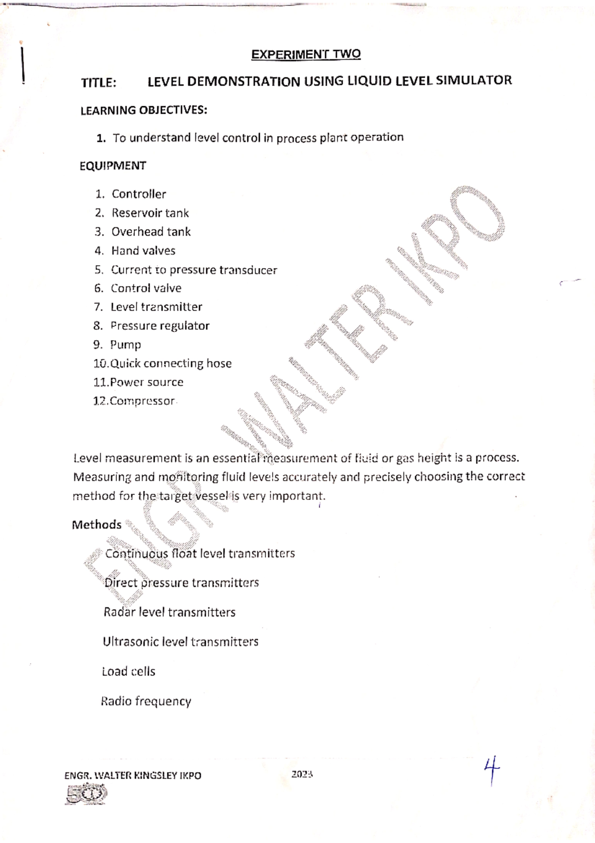 EEC 245P Exp 2&3 manual - Rhebs dn nejhebejen - EXPERIMENT TWO TITLE: LEVEL DEMONSTRATION USING ...