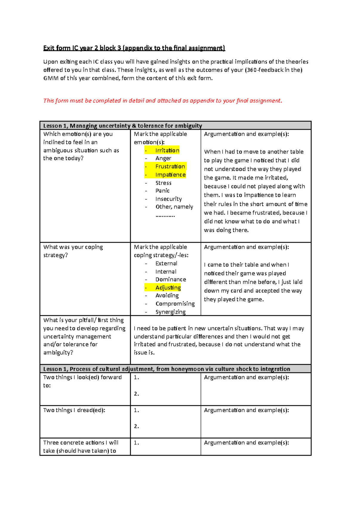 Exit form IC yr 2 bl 3 22-23 - Exit form IC year 2 block 3 (appendix to ...