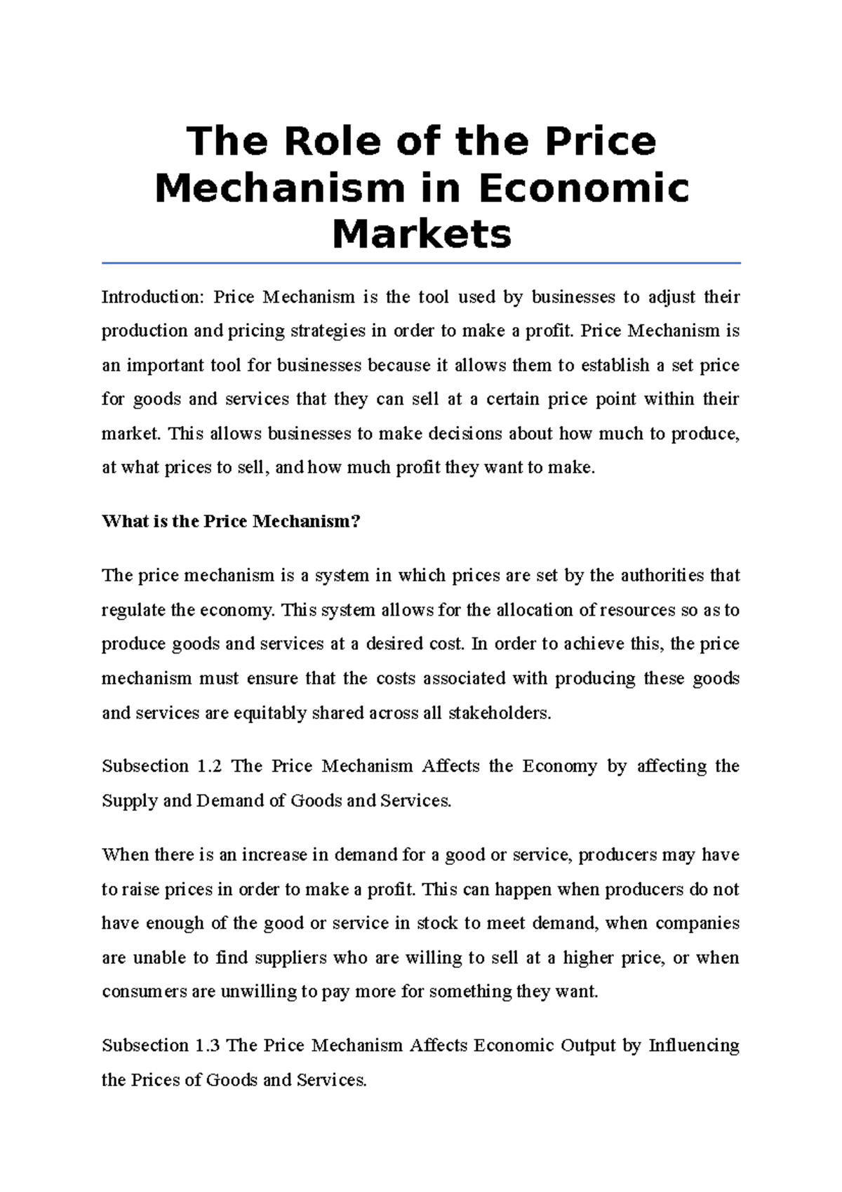 The Role of the Price Mechanism in Economic Markets - The Role of the ...