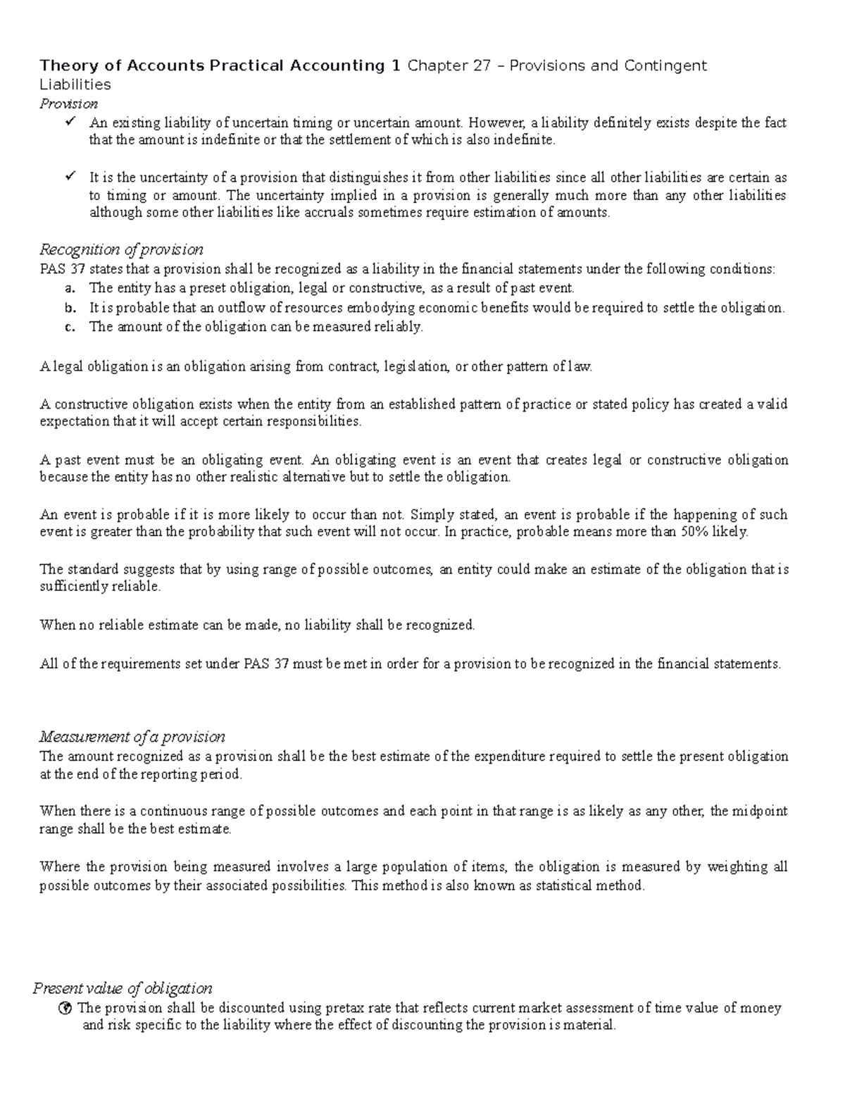 2. Provisions and Contingent Liabilities - Present value of obligation ...