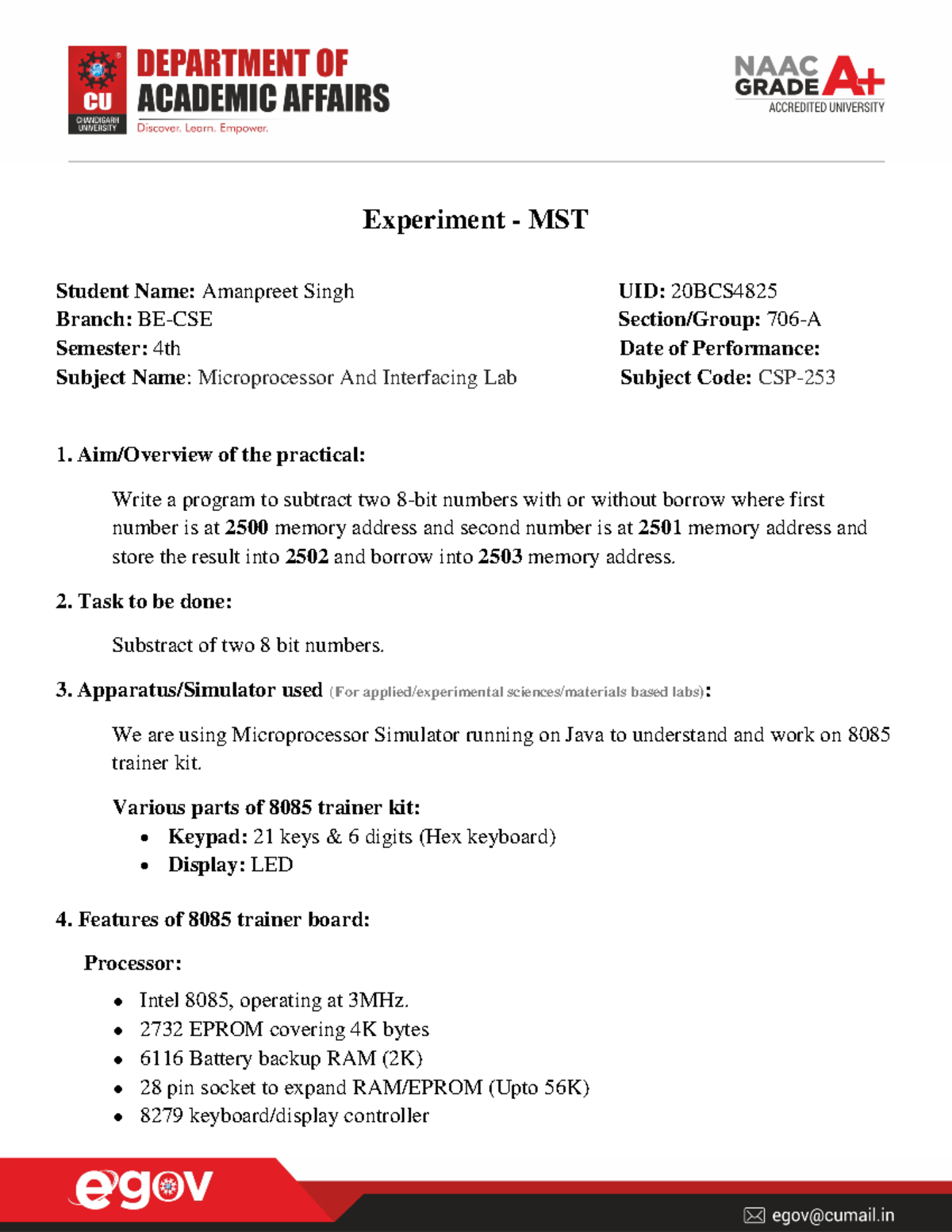 Microprocessor and Interfacing Lab MST 20BCS4825 - Experiment - MST ...