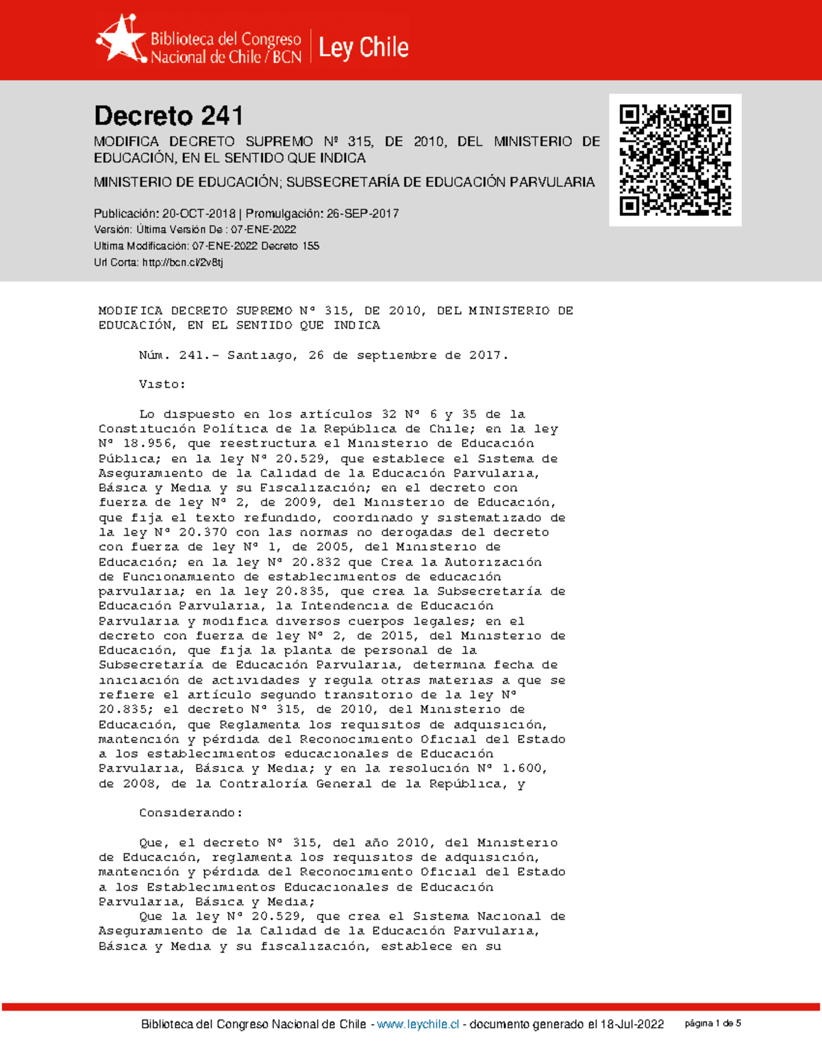 Decreto-241 20-OCT-2018 - Decreto 241 MODIFICA DECRETO SUPREMO Nº 315 ...