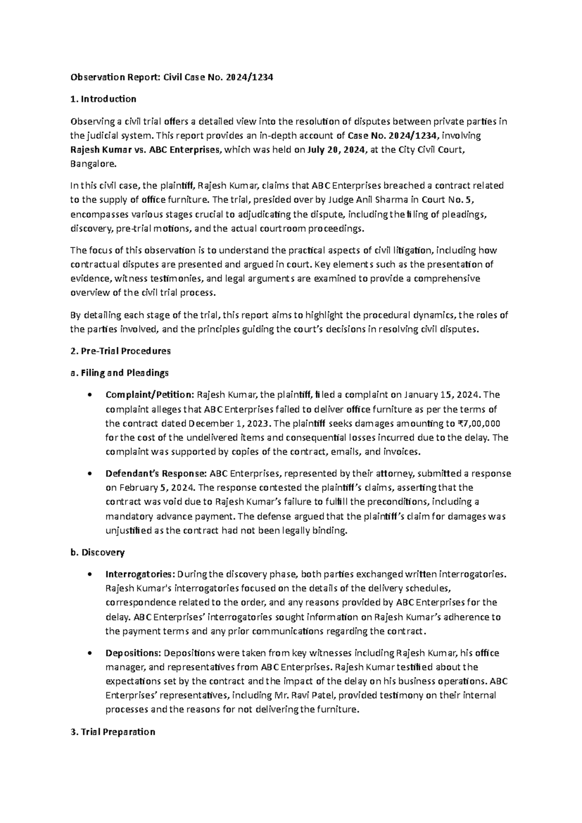 Observation of trail in the court - Observation Report: Civil Case No ...