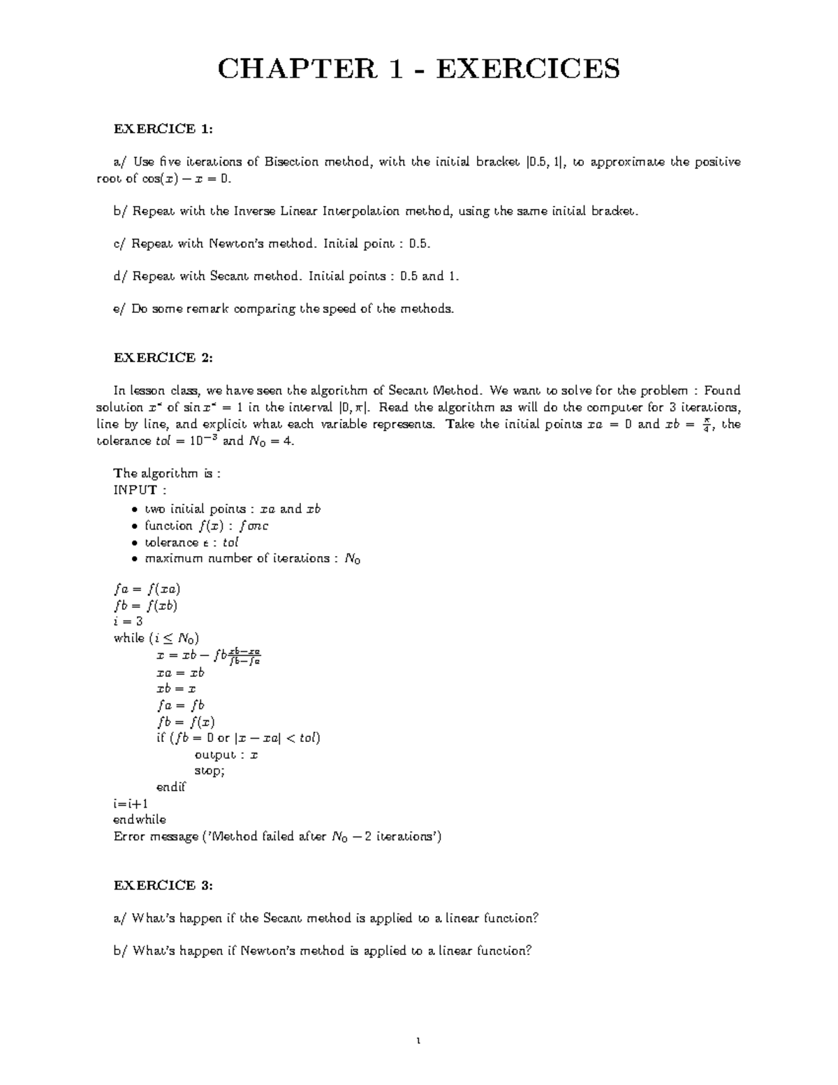Chapter 1 Td Iterative Methods For Non Linear Equations Questions Chapter 1 Exercices 