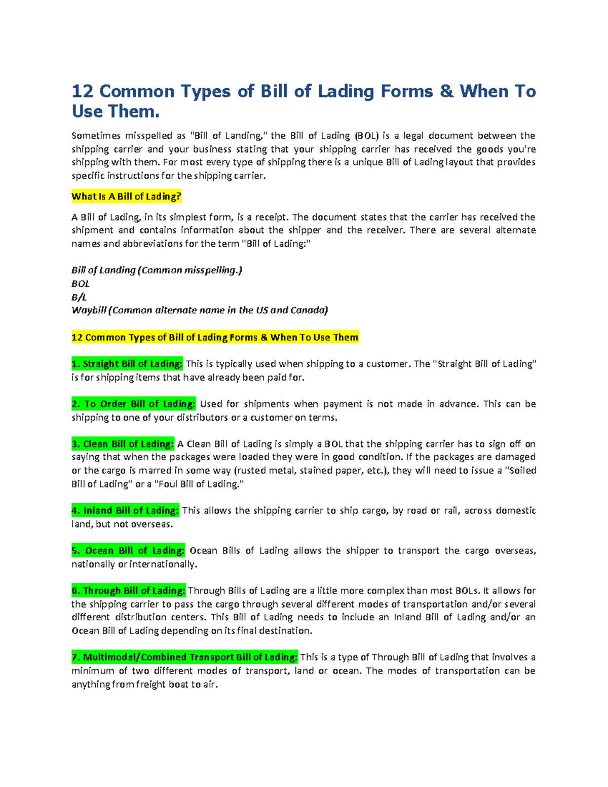 12 Common Types of Bill of Lading Forms - Sometimes misspelled as "Bill ...