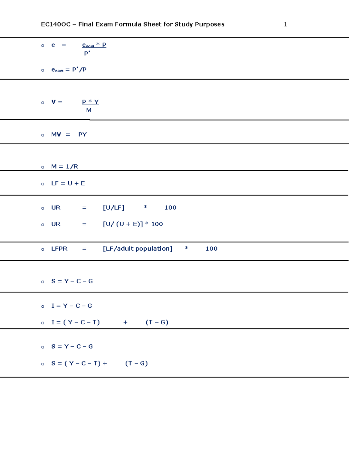 EC140 OC - Final Exam Formula Sheet for Study Purposes - Studocu