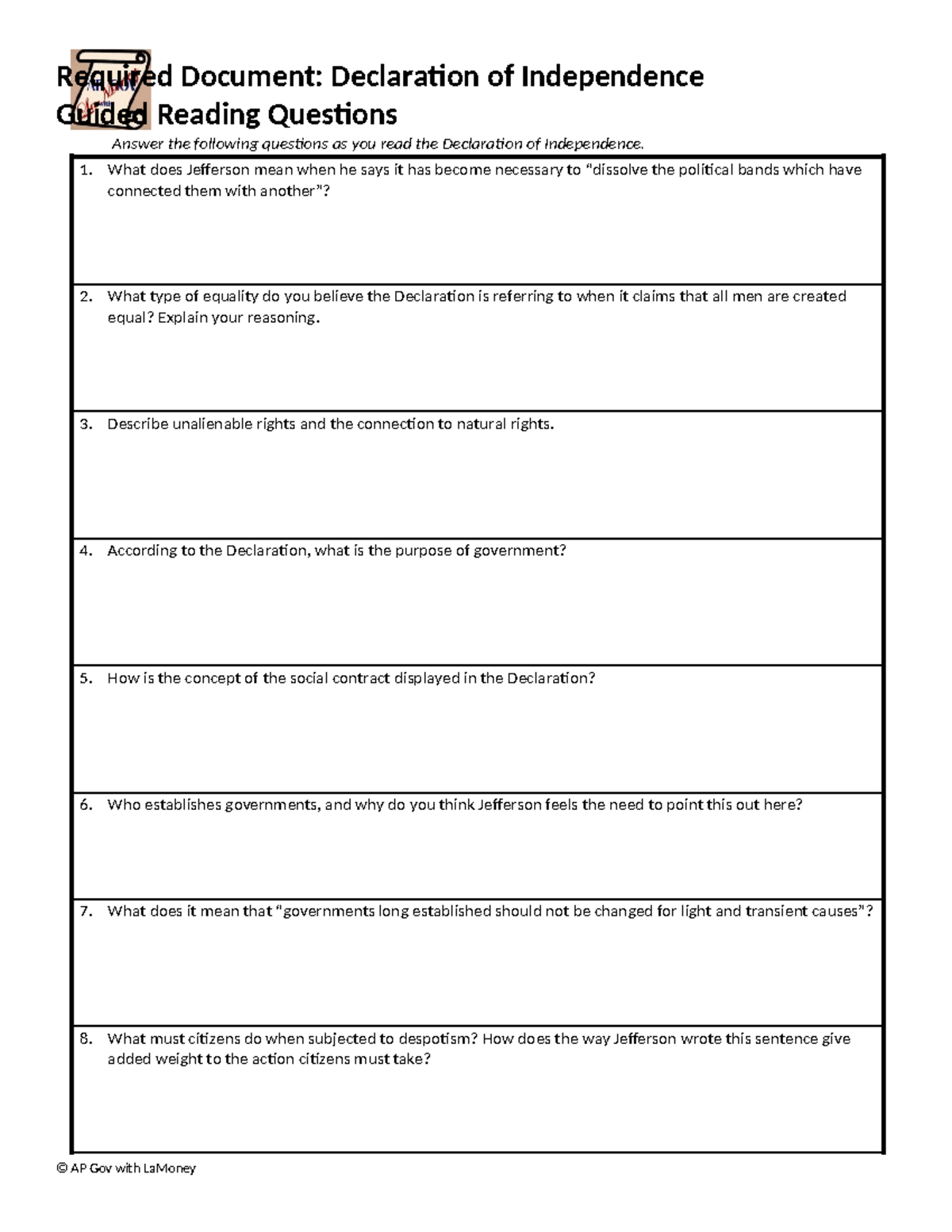 Declaration Questions - Required Document: Declaration of Independence ...