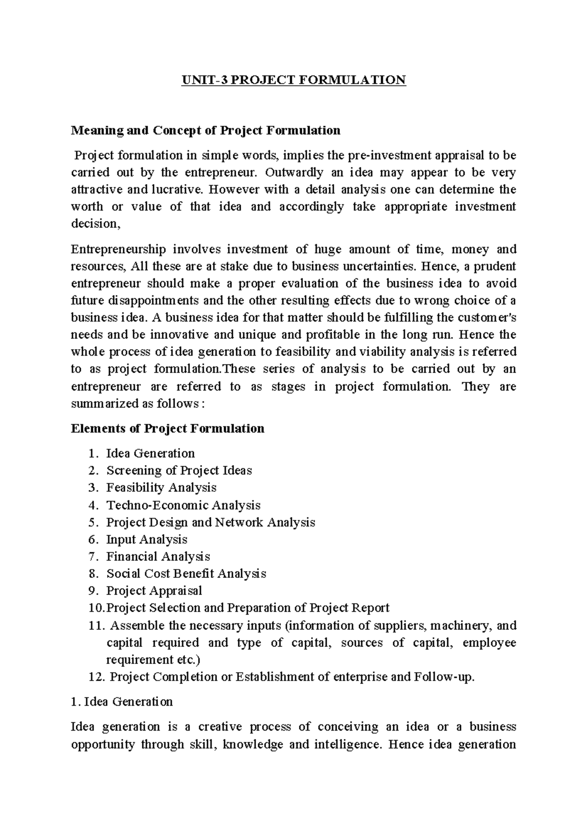 Unit 3 Project formulation notes - UNIT-3 PROJECT FORMULATION Meaning ...