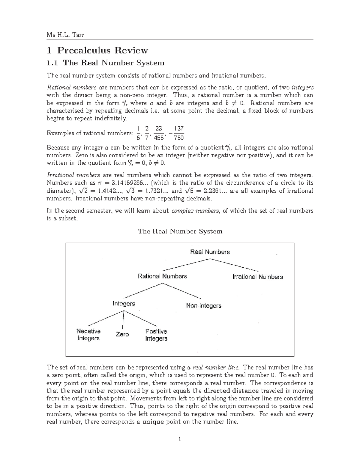 Math130 23 Supplementary Precalc Lecture Notes Ch1 1 Precalculus Review 1 The Real Number