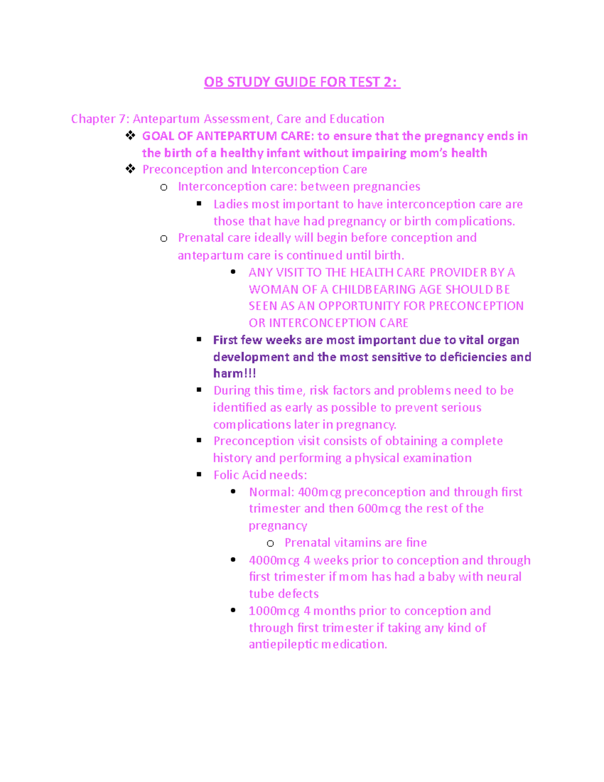 OB Study Guide FOR TEST 2 in Maternal Newborn Course - OB STUDY GUIDE ...