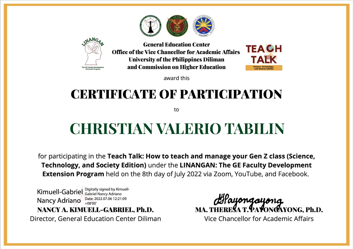 Certificate of Participation - Christian Valerio Tabilin Teach Talk ...