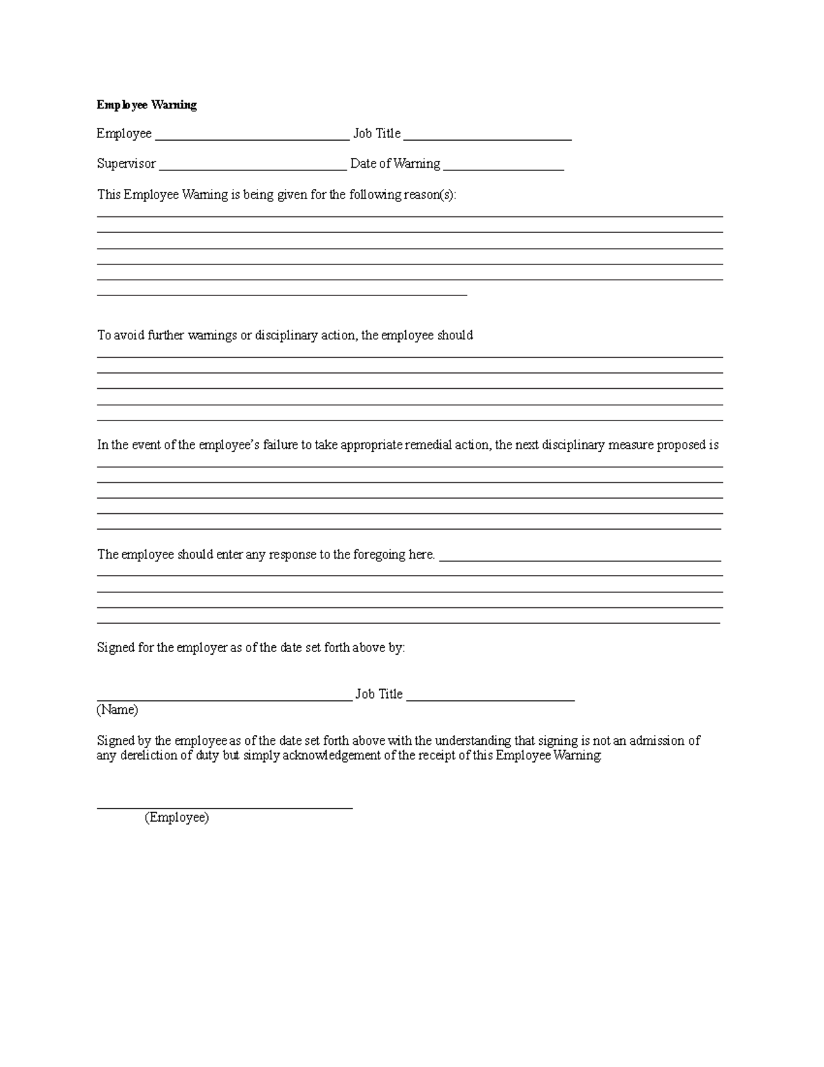 Form 28 - Employee Warning Template from the Business and Legal Forms ...