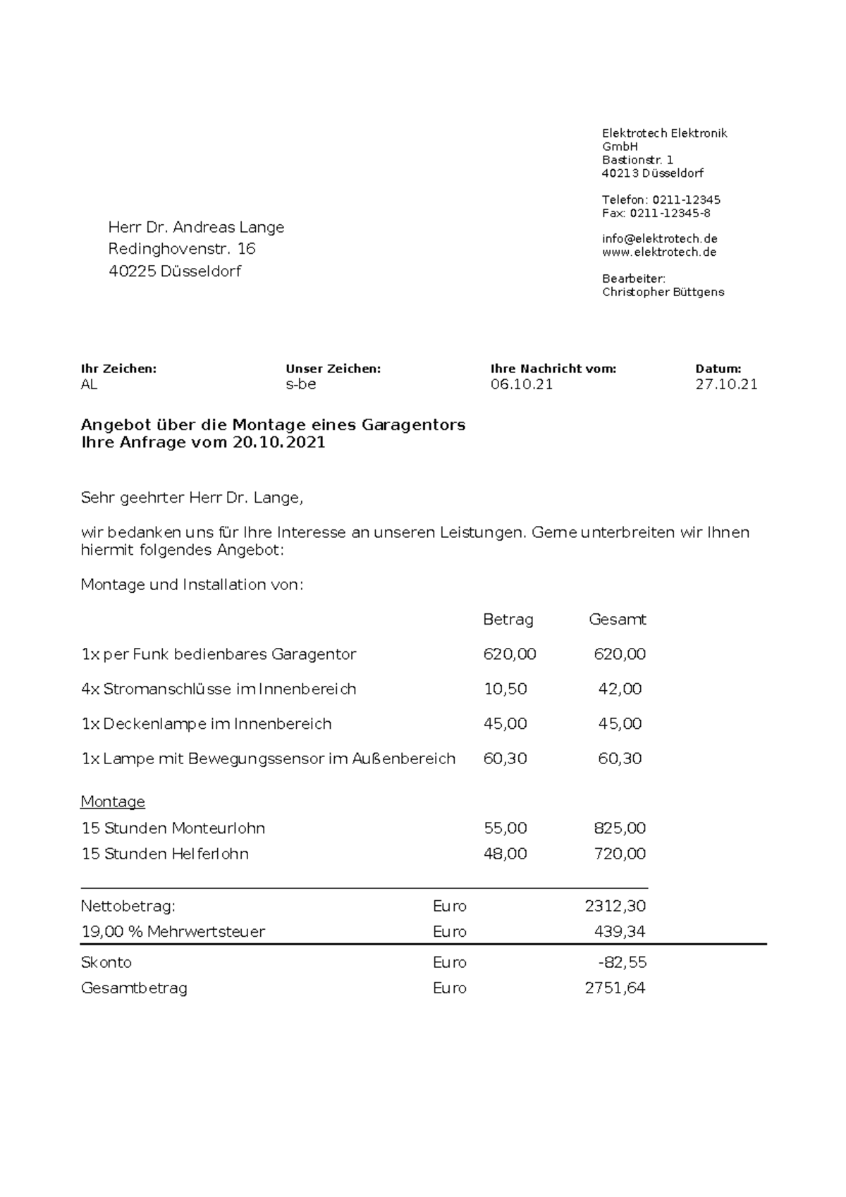 Deutsch Angebotsschreiben neu - Ihr Zeichen: Unser Zeichen: Ihre Nachricht vom: Datum: AL s-be ...
