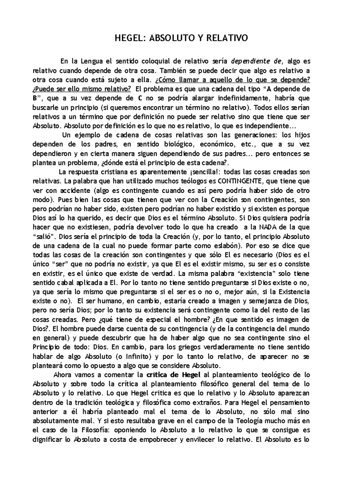 Hegel. Absoluto y relativo - HEGEL: ABSOLUTO Y RELATIVO En la Lengua el ...