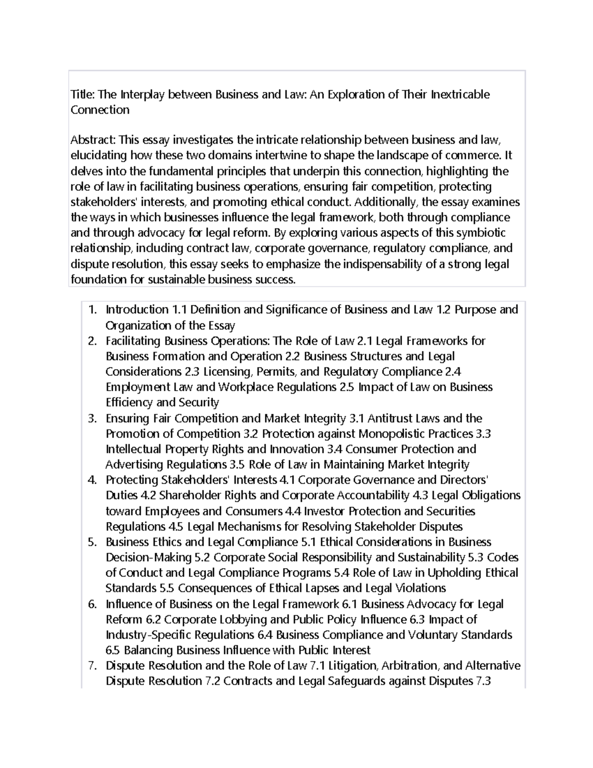 Business Connections - Title: The Interplay between Business and Law ...