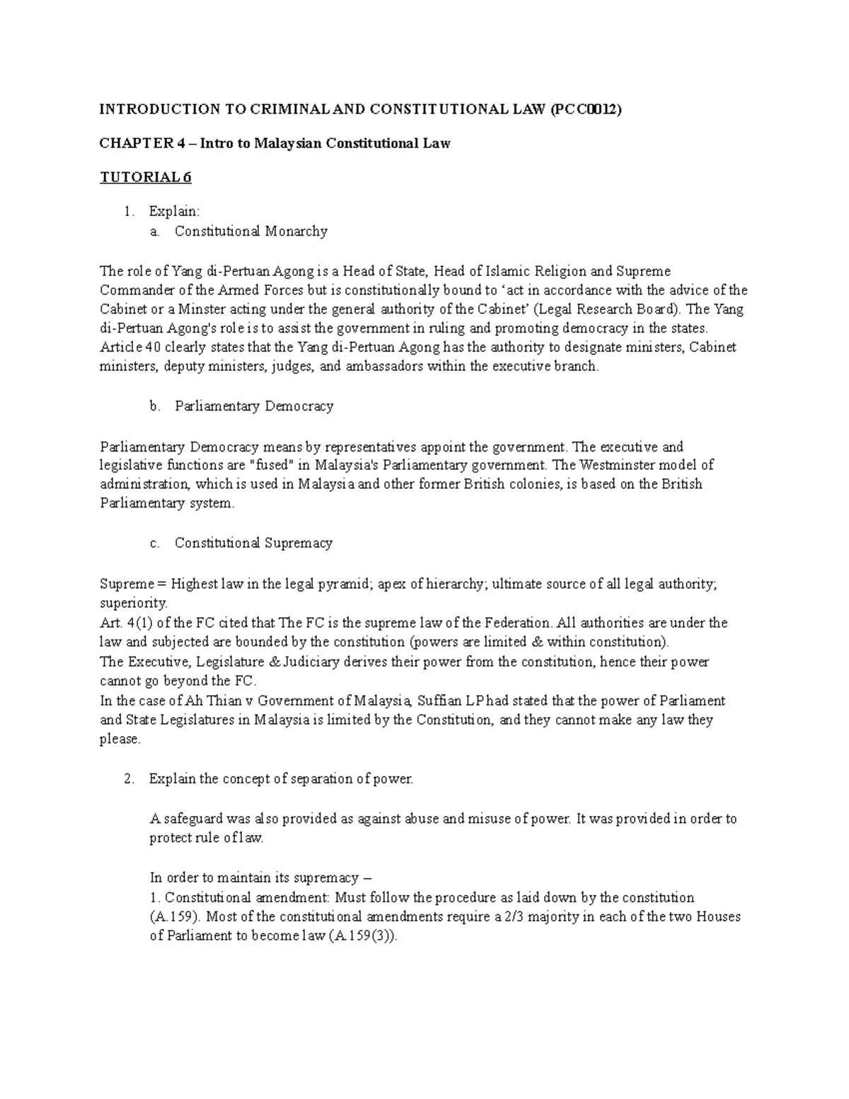 Tutorial 6 - Intro to Constitutional Law - INTRODUCTION TO CRIMINAL AND ...