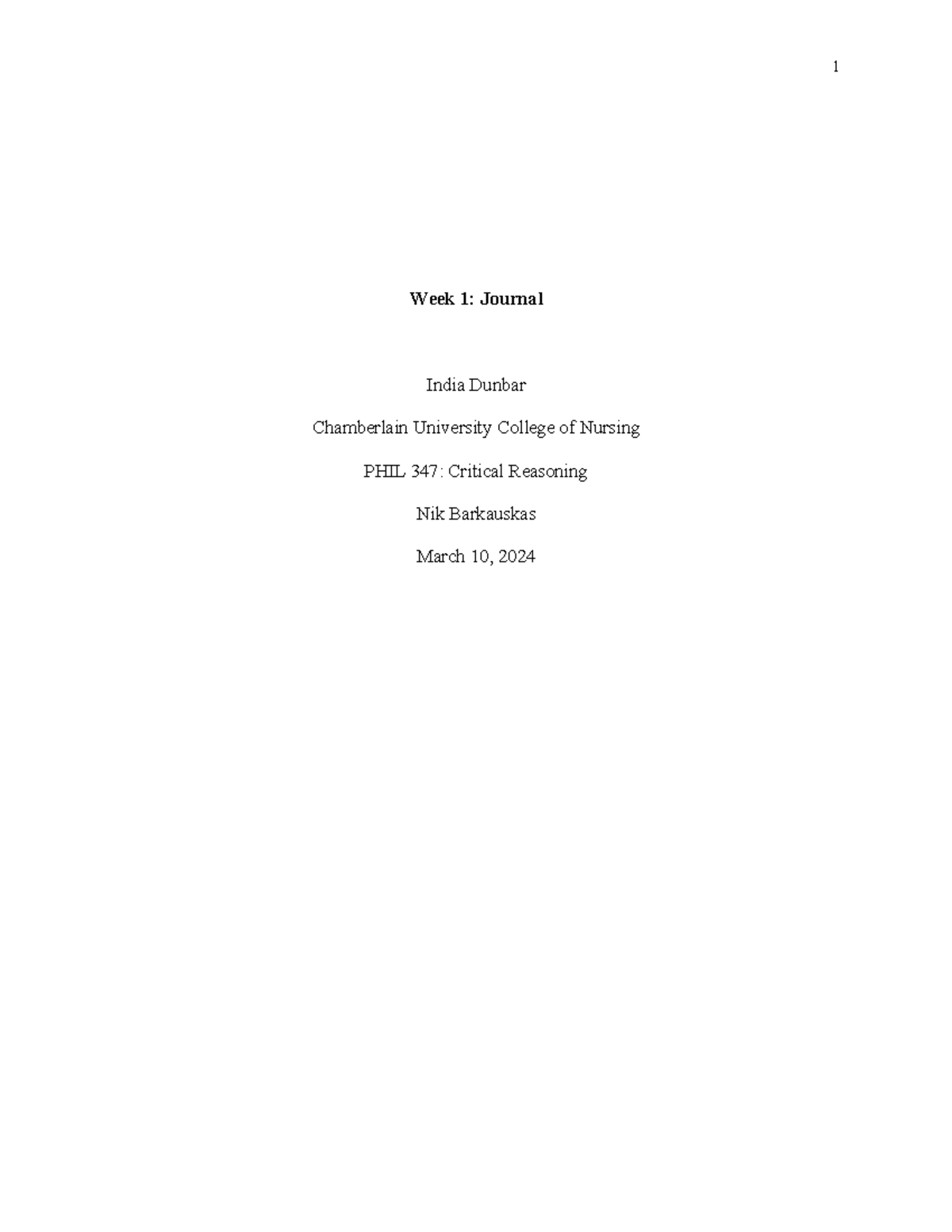 Week 1 Journal PHIL 347 - 1 Week 1: Journal India Dunbar Chamberlain ...