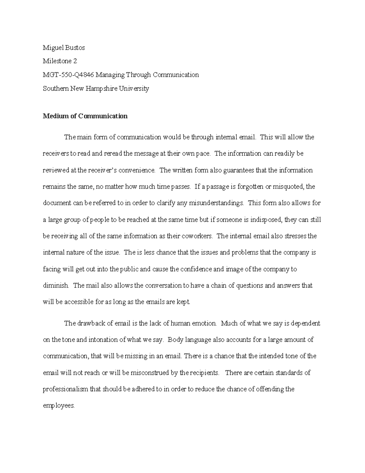 Milestone 2 - Miguel Bustos Milestone 2 MGT-550-Q4846 Managing Through ...