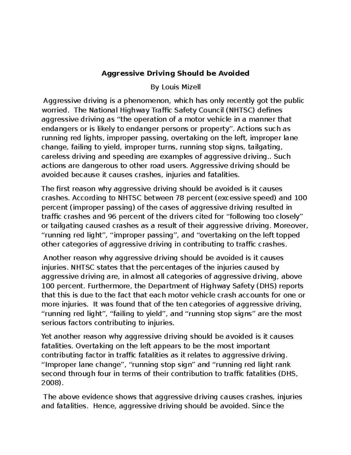 Argumentative Essay Sample - Aggressive Driving Should be Avoided By ...