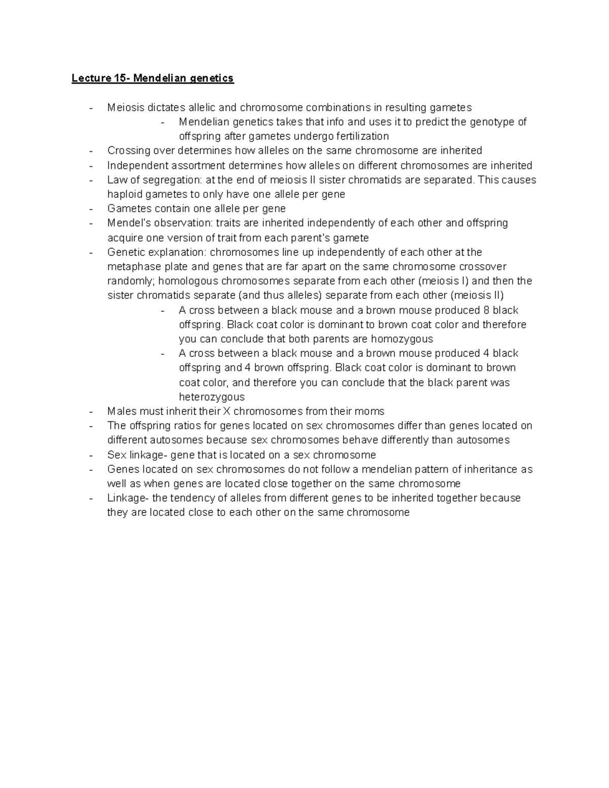 BIO113- Lecture 15 - Dr. Marcus Notes - Lecture 15- Mendelian genetics ...