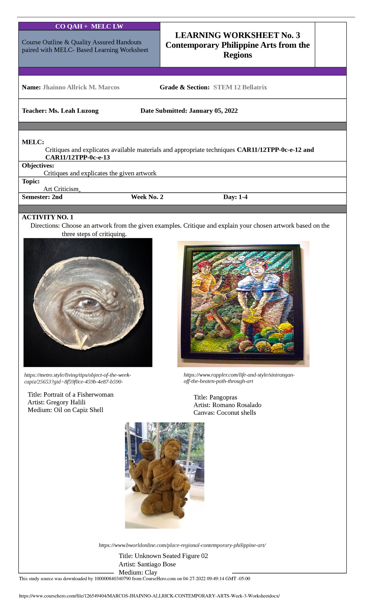Marcos Jhainno Allrick Contemporary ARTS Week 3 Worksheet - CO QAH + MELC LW LEARNING WORKSHEET ...