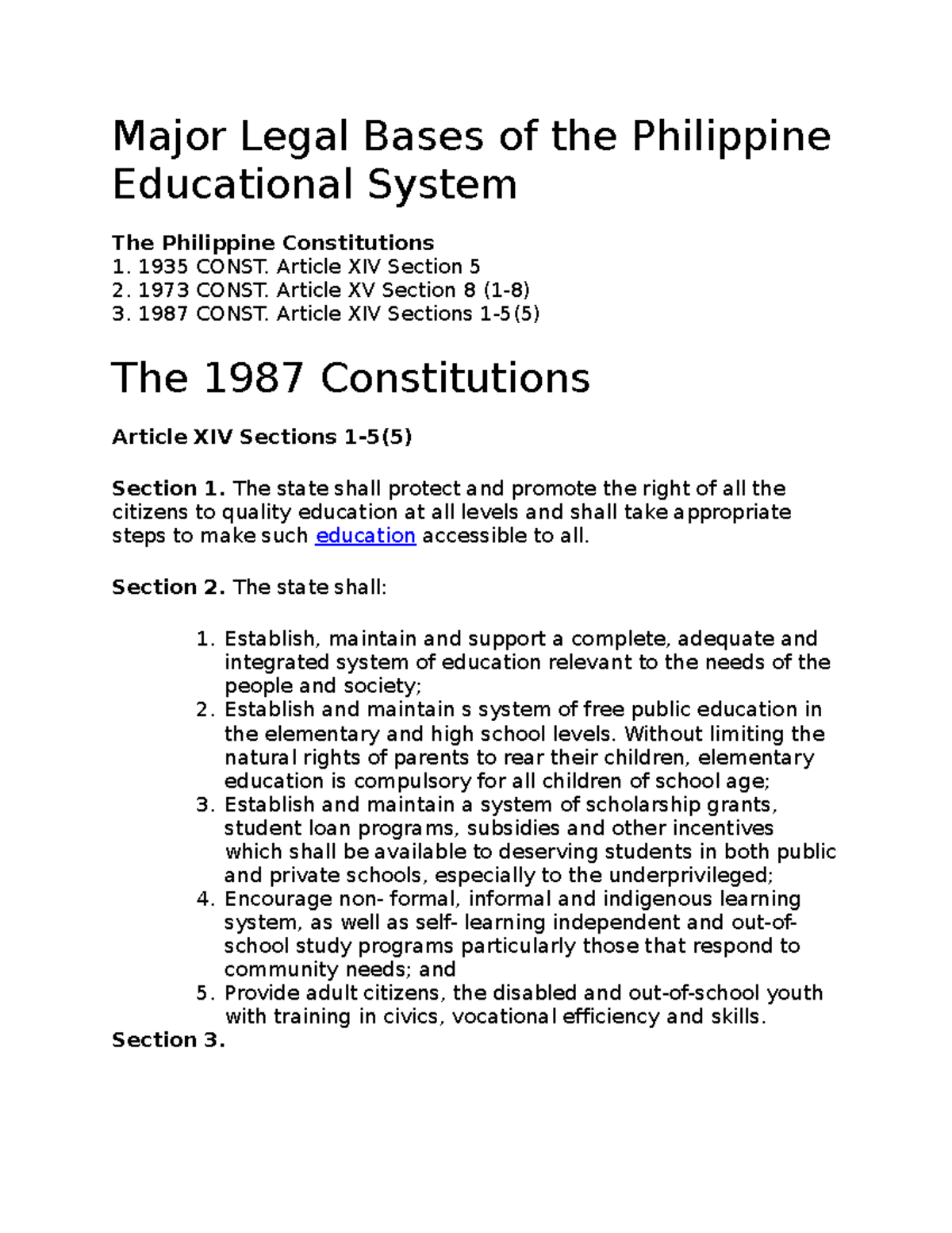 Major Legal Bases of the Philippine Educational System - Major Legal ...