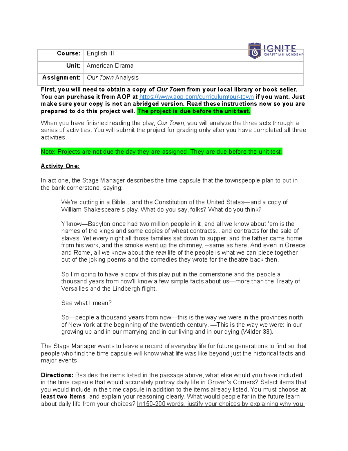 Greer L1107 Our Town Analysis 2 Course English III Unit American