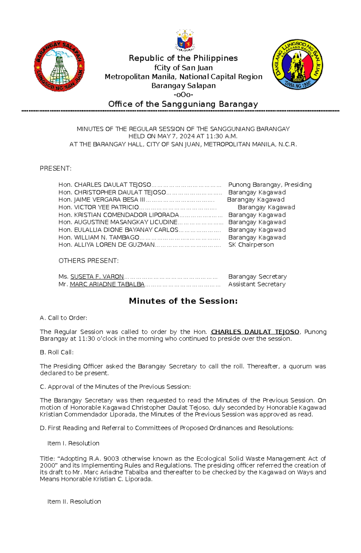 Sample of a proper Minutes of the Regular Session of a Council ...