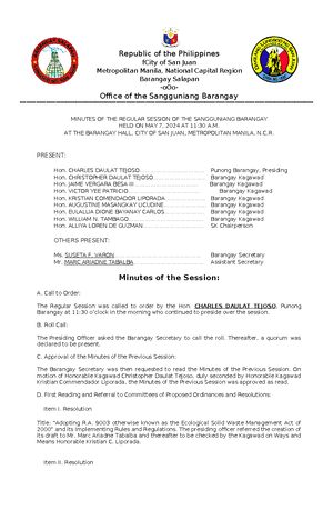 Sample of a proper Minutes of the Regular Session of a Council Barangay ...
