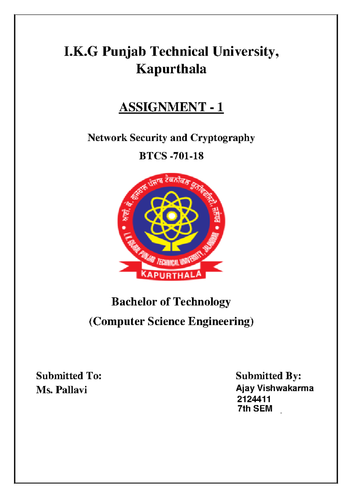 NSC , Ajay Vishwakarma - nsc assign - I.K Punjab Technical University, Kapurthala ASSIGNMENT - 1 ...