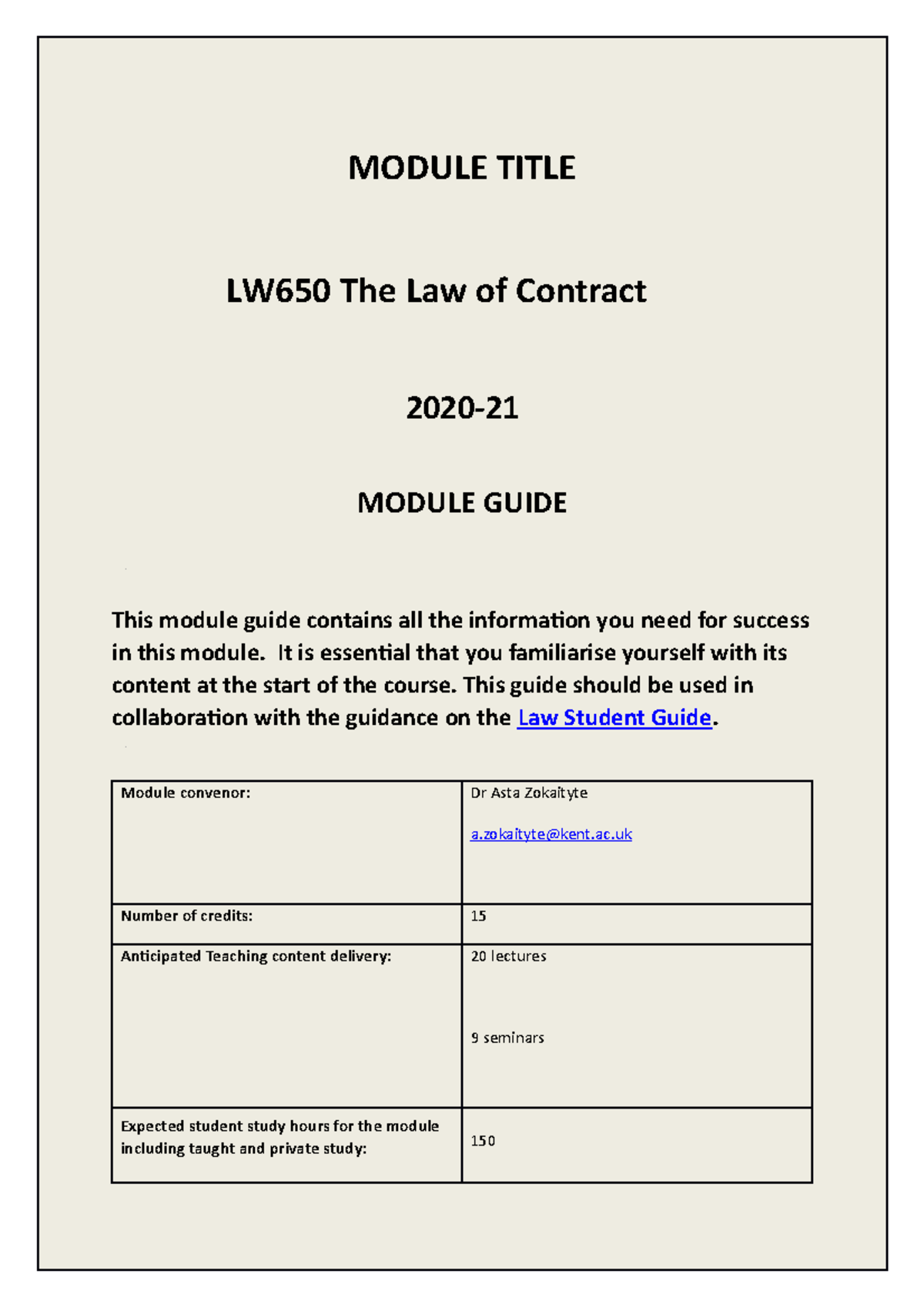 KLS Module Outline contract 19-20 - MODULE TITLE LW650 The Law of ...