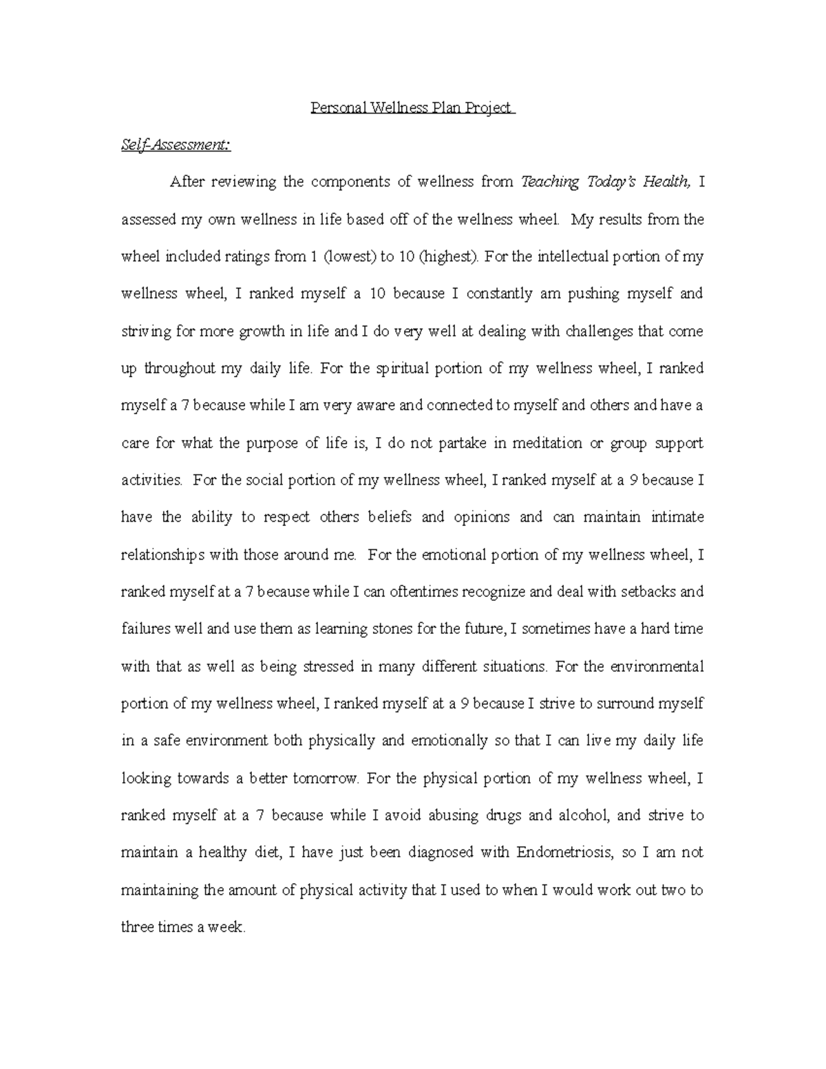 Eduu 513 personal wellness project - Personal Wellness Plan Project ...