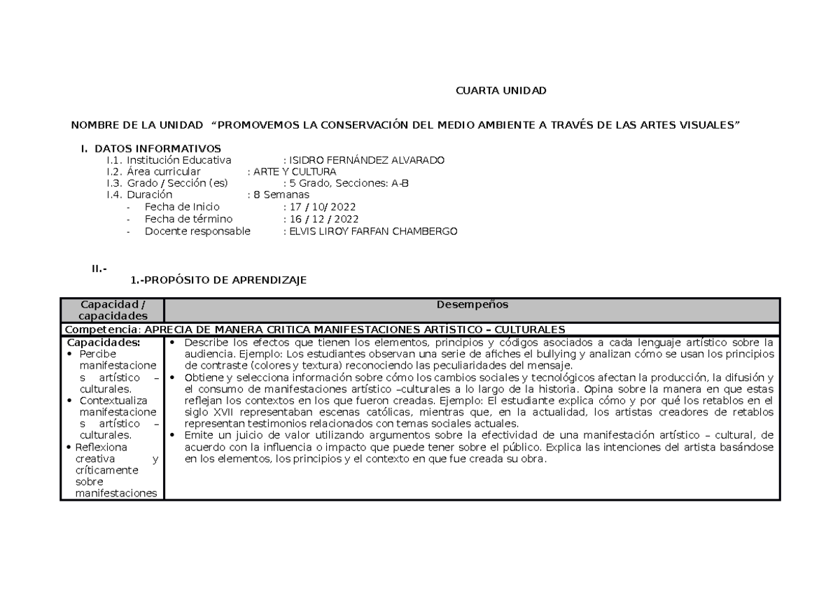 Cuarta Unidad Quinto Secundaria -ARTE Y Cultura - CUARTA UNIDAD NOMBRE ...