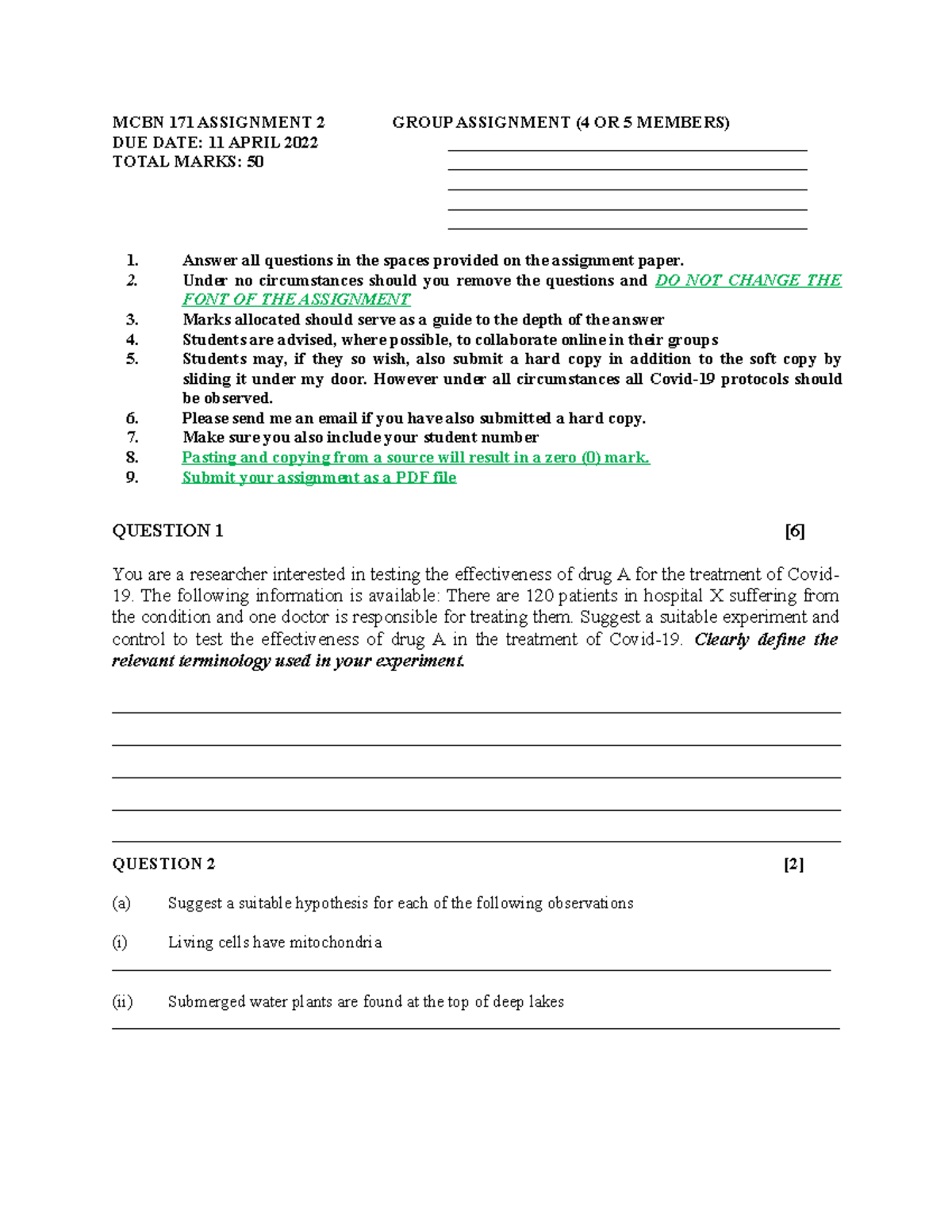 2022 MCBN 171 Assignment 1 - MCBN 171 ASSIGNMENT 2 GROUP ASSIGNMENT (4 OR 5 MEMBERS) DUE DATE ...