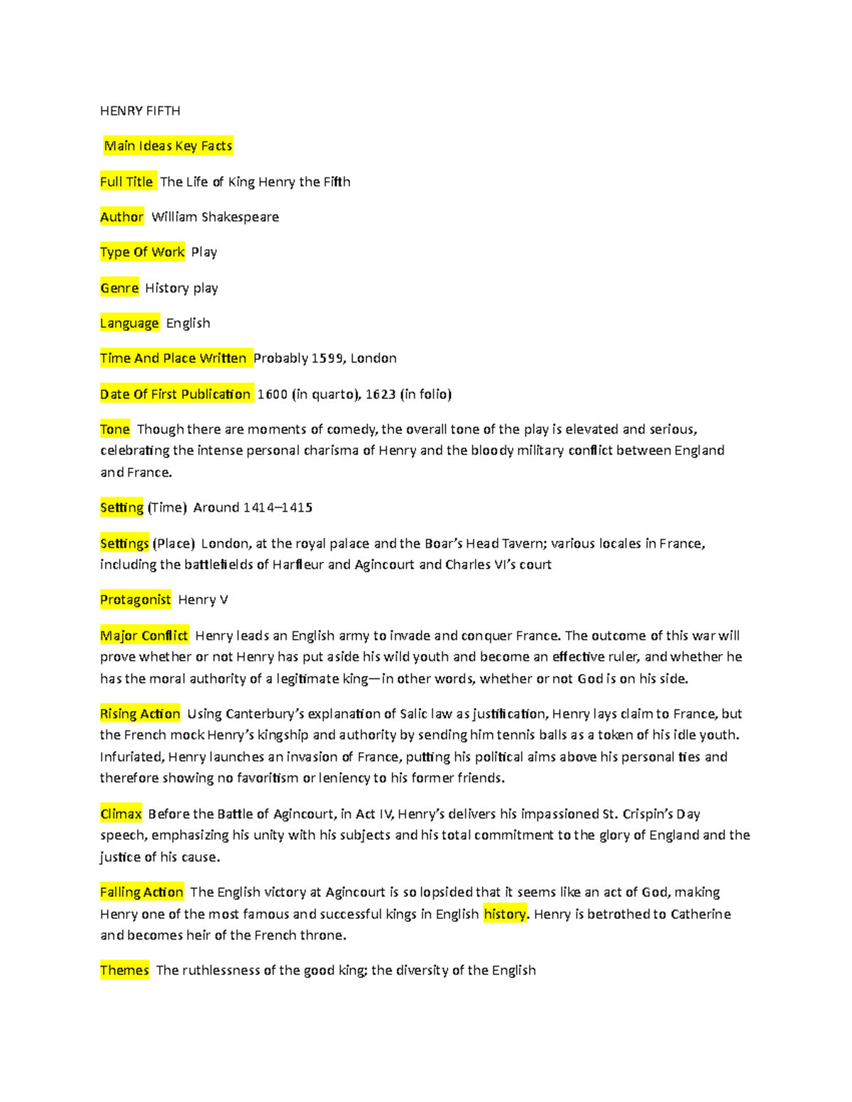 Henry Fifth - Lecture notes Act 1 to Act 5th - HENRY FIFTH Main Ideas ...