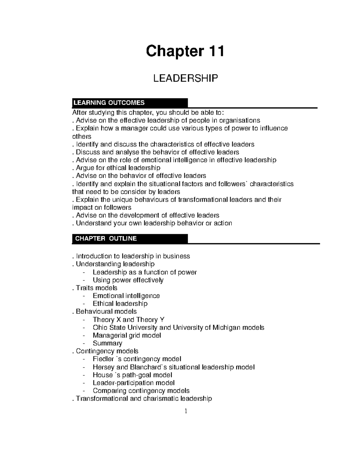 CBMD022 Chapter 11 Leadership - Chapter 11 LEADERSHIP LEARNING OUTCOMES ...