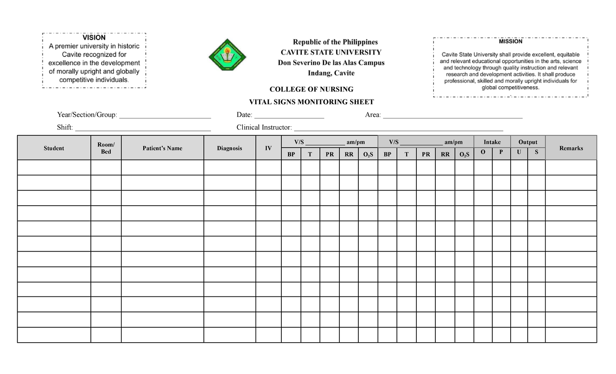 VS Monitoring Sheet - COLLEGE OF NURSING VITAL SIGNS MONITORING SHEET ...