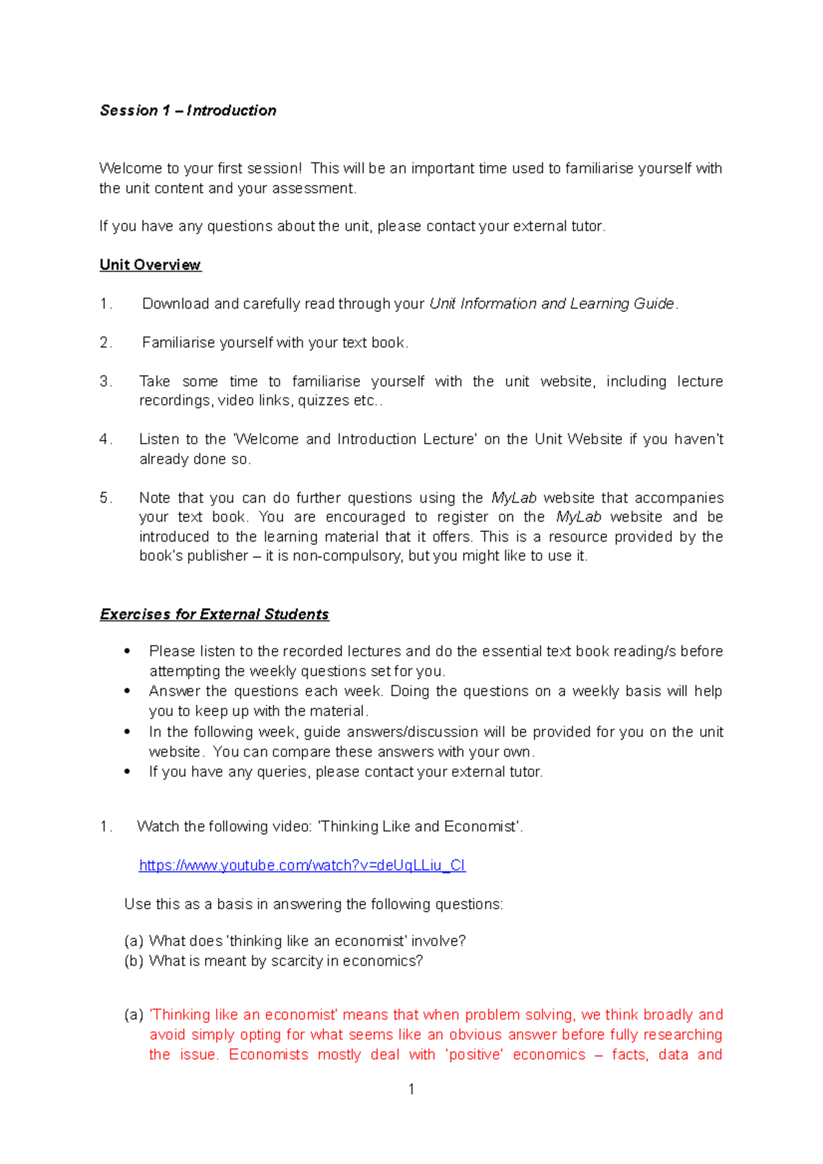 Session 1 - Workshop Answers - Session 1 – Introduction Welcome to your ...