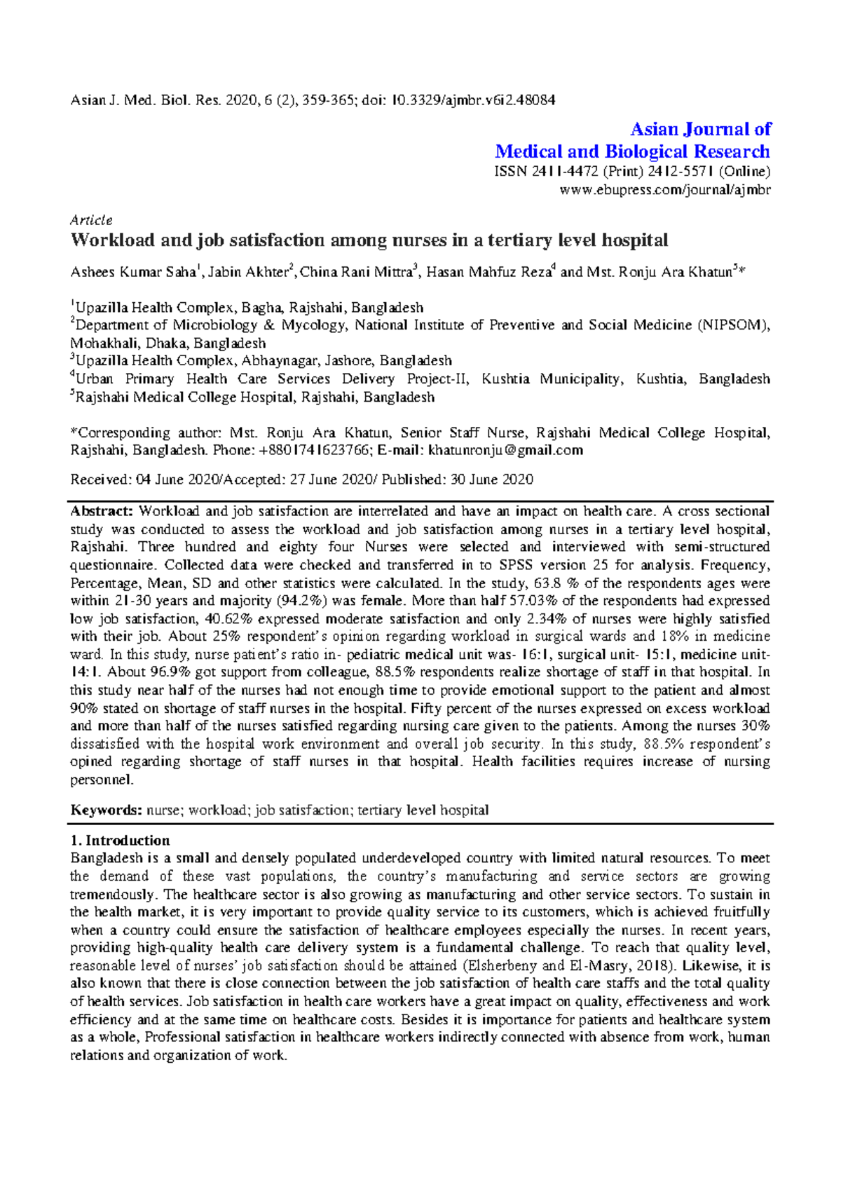 Workload and job satisfaction among nurs - Asian J. Med. Biol. Res. 2020, 6 (2), 359-365; doi ...