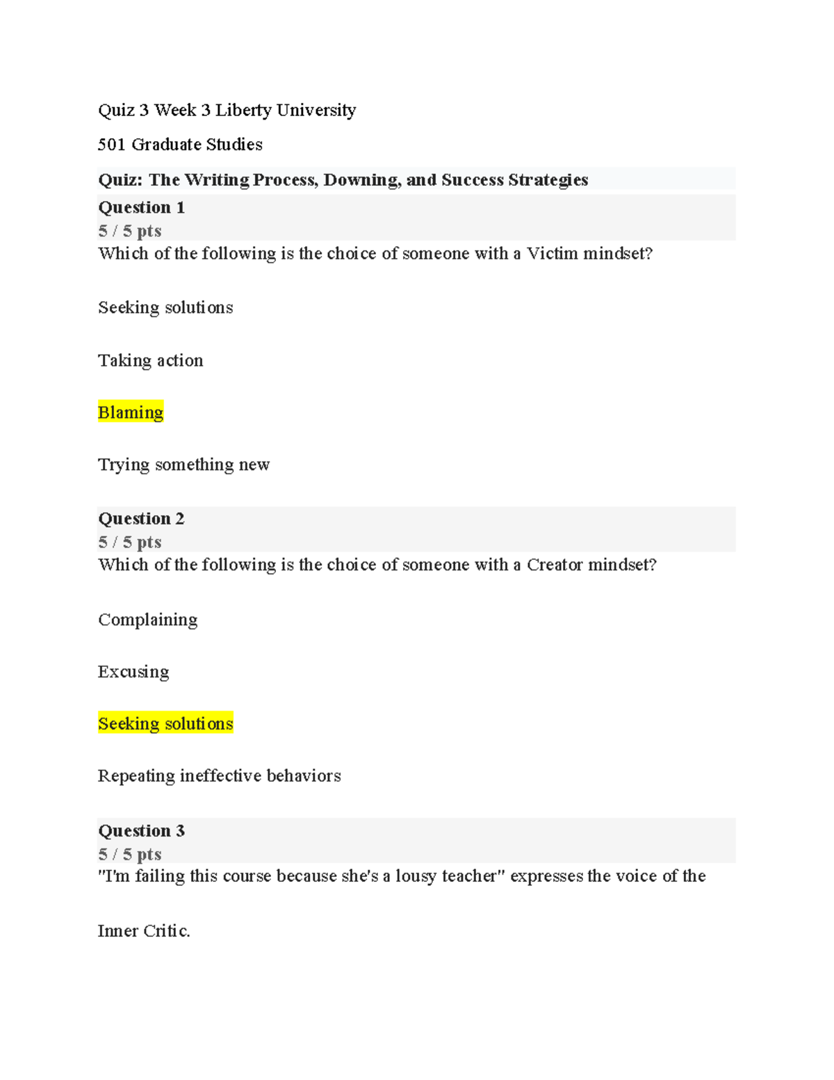 Quiz 3 Liberty University Graduate Studies 501 - Quiz 3 Week 3 Liberty ...