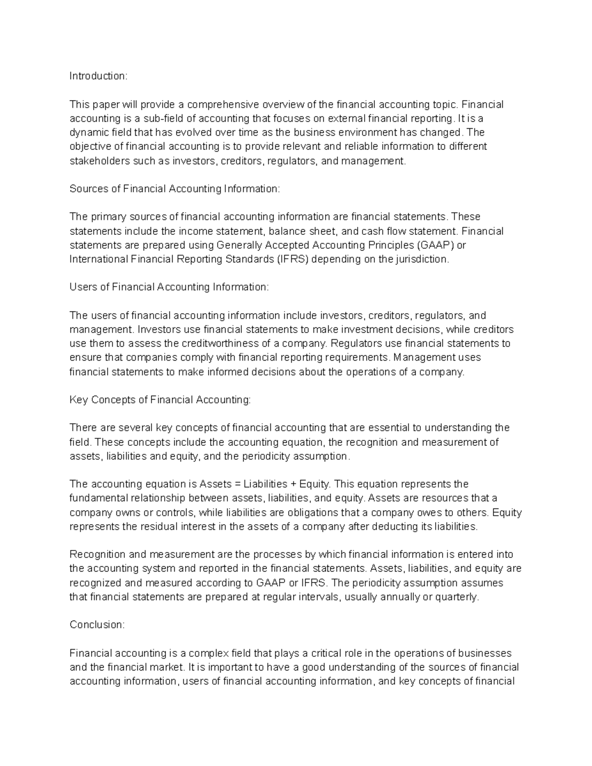 financial accounting summary - Introduction: This paper will provide a ...