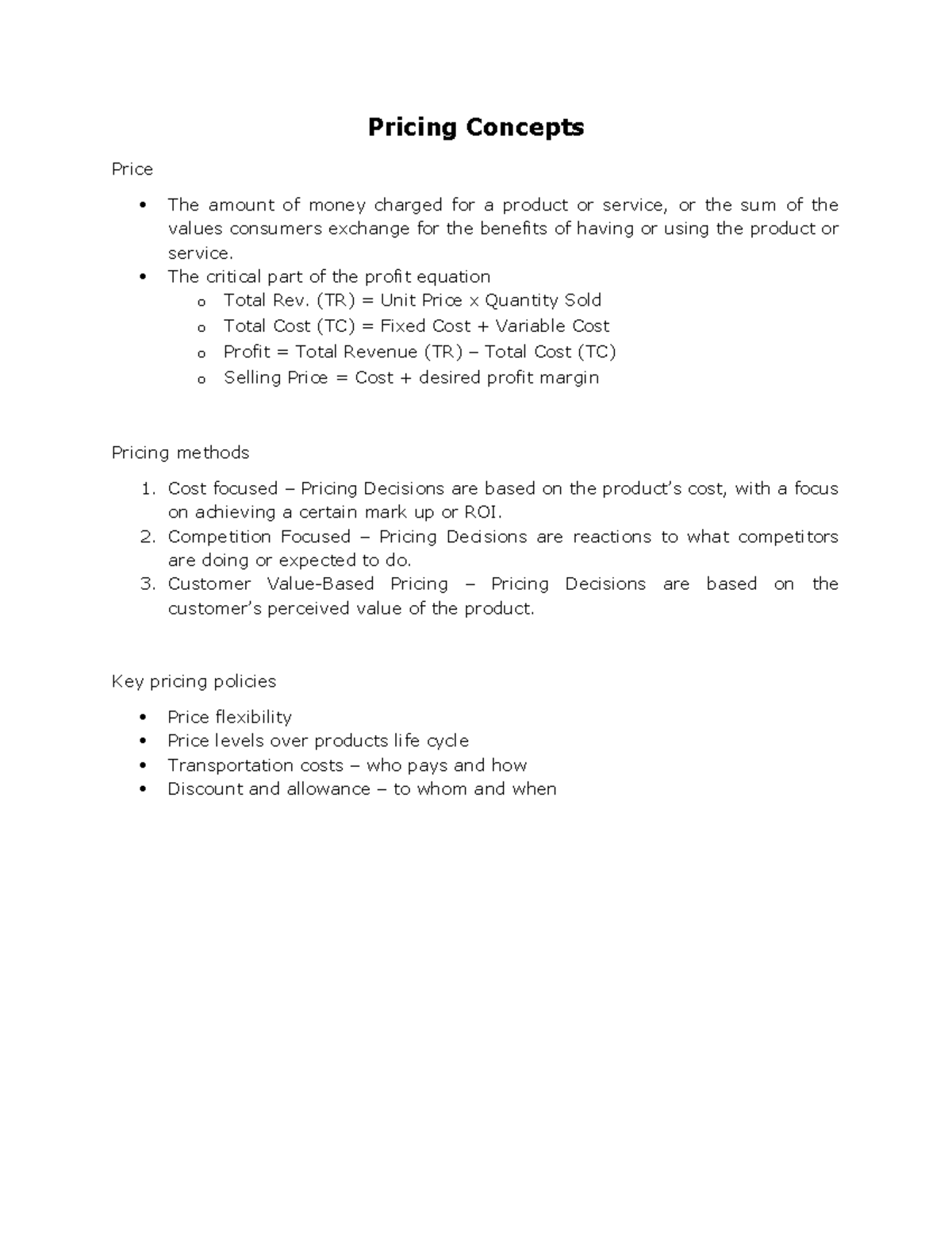 Pricing Concepts Notes - Pricing Concepts Price The amount of money ...