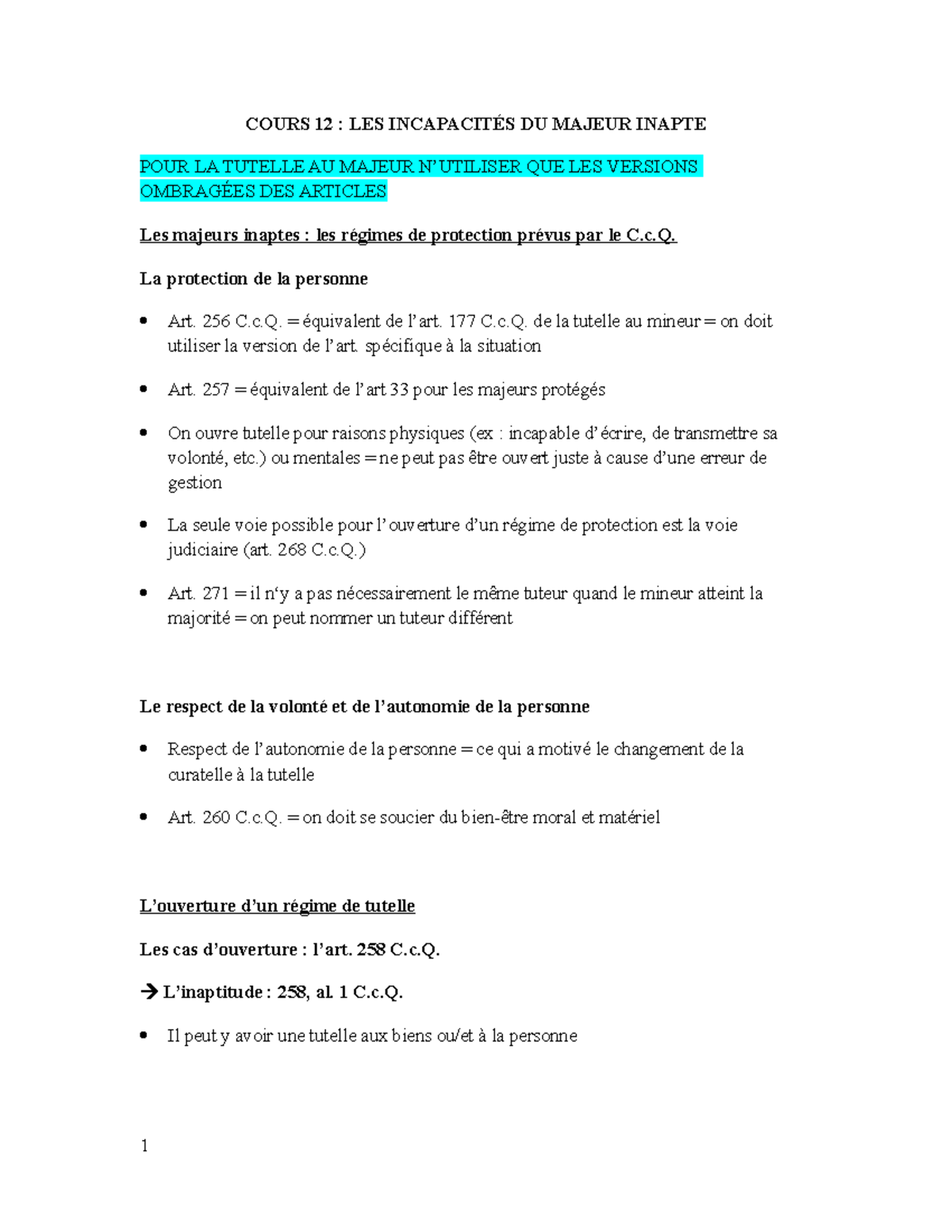 Cours 12 - Notes de cours - COURS 12 : LES INCAPACITÉS DU MAJEUR INAPTE ...