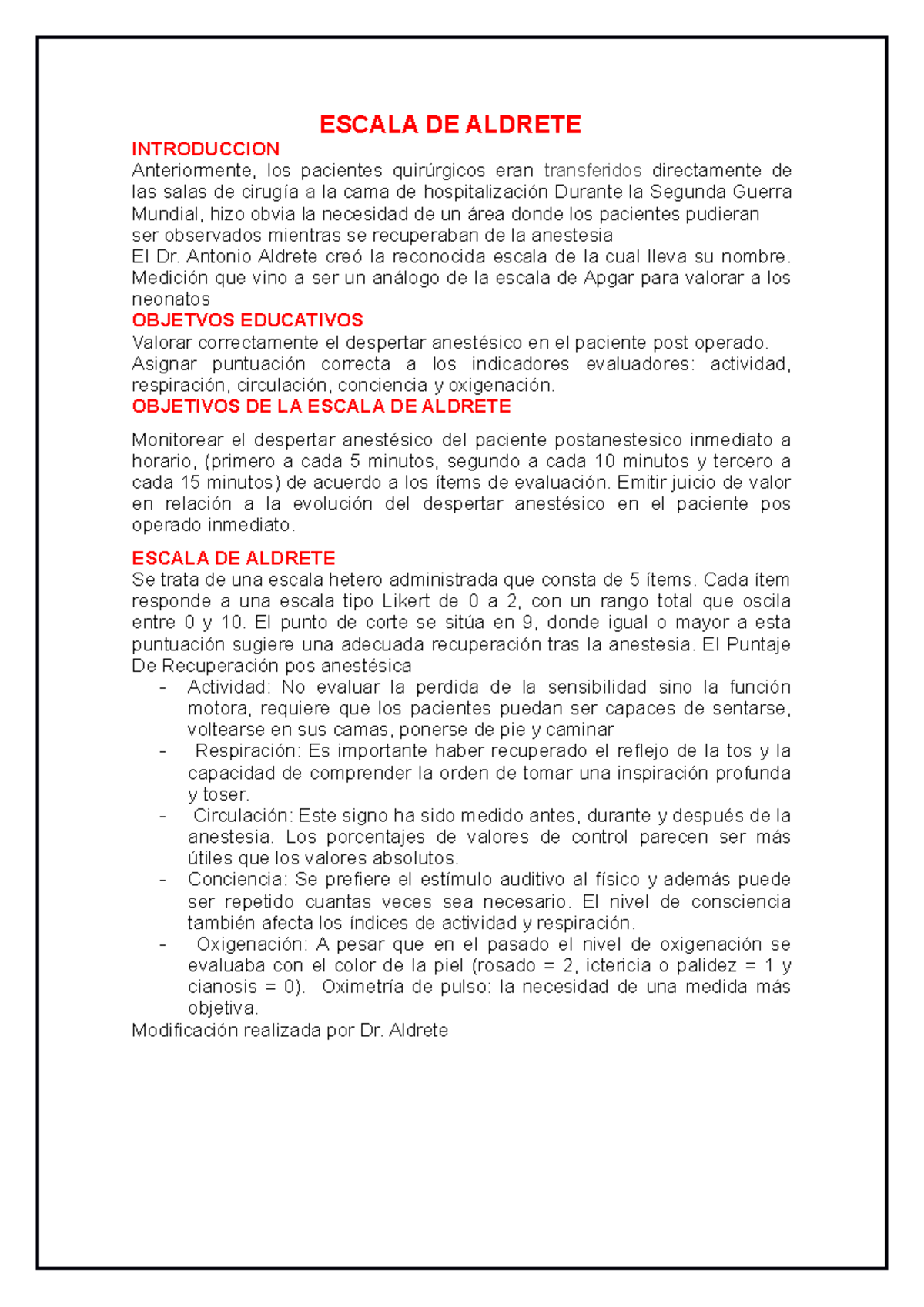 Escala DE Aldrete - ES UN APUNTE MAS - ESCALA DE ALDRETE INTRODUCCION ...