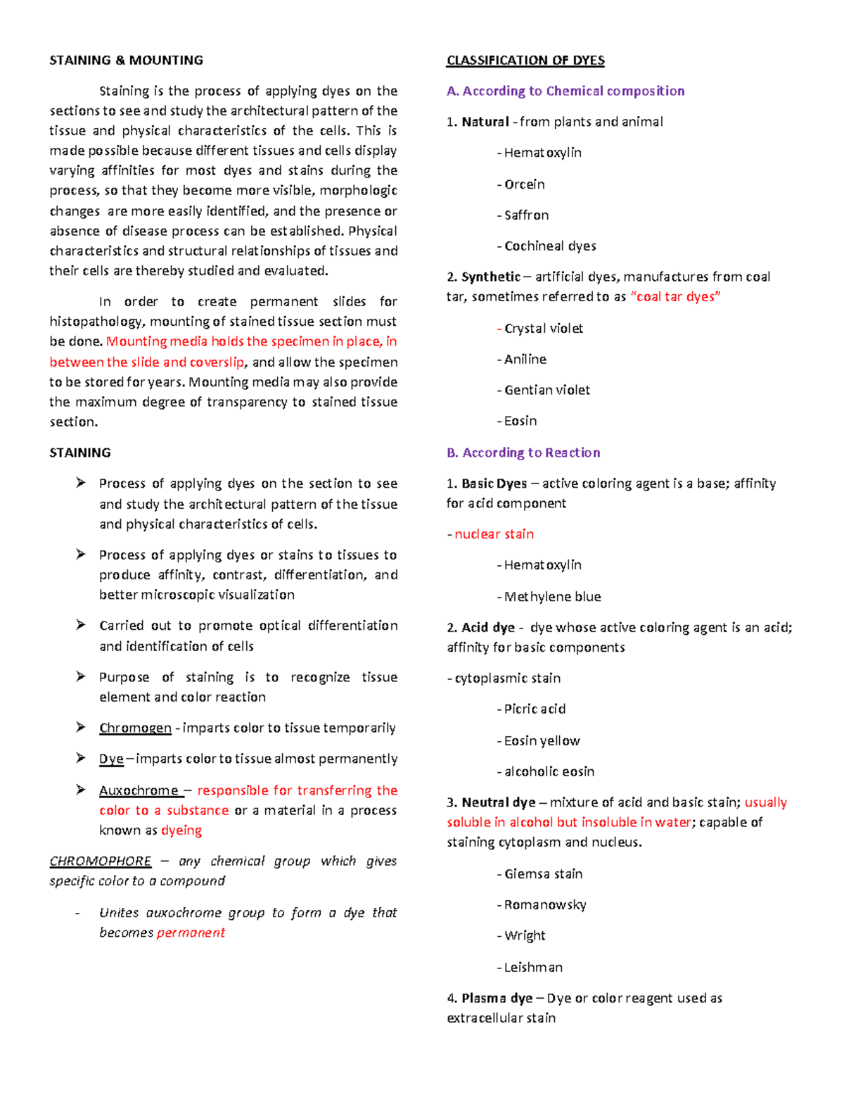 Histopathology - Staining and Mounting - Medical Technology - Studocu
