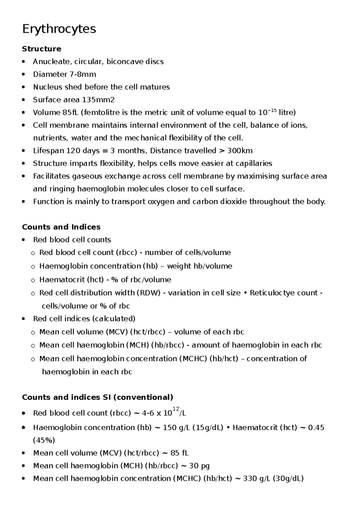 Erythrocytes - Lecture notes 2 - Erythrocytes Structure Anucleate ...
