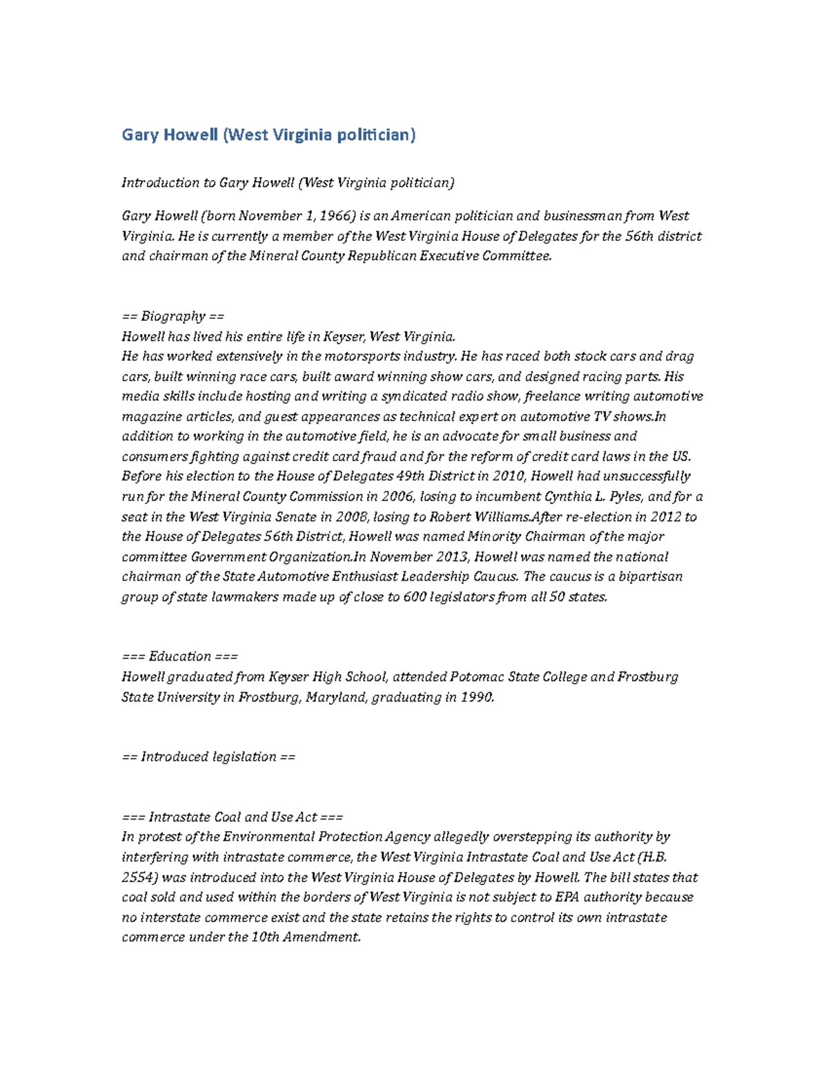 PSY167 Essay Gary Howell (West Virginia politician) - Gary Howell (West ...