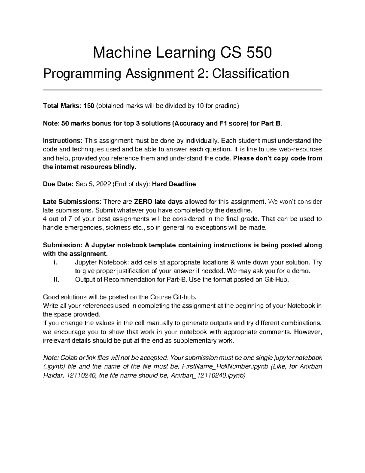 CS550 Assignment 02 - Practice tutorial shared by professor - Machine Learning CS 550 ...