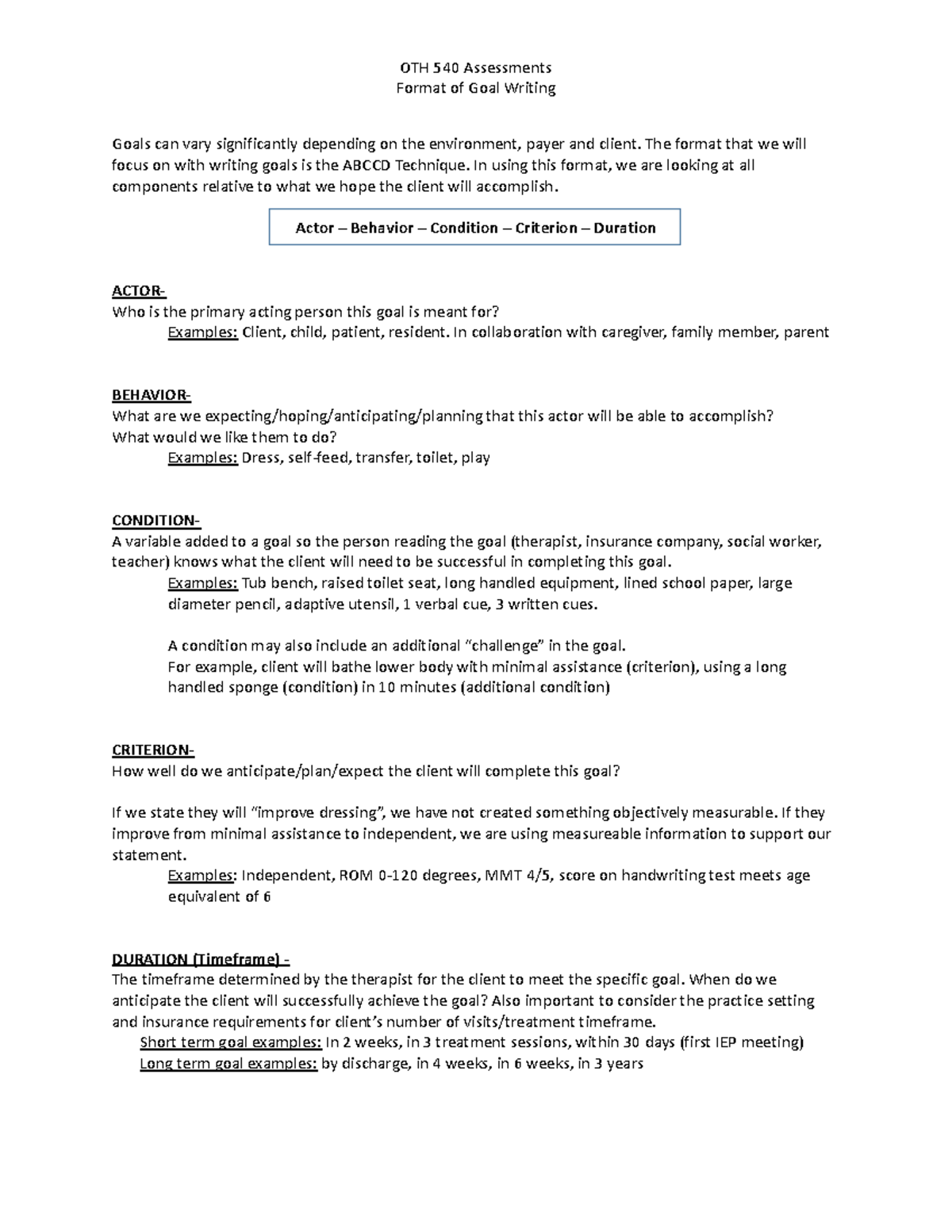 OTH535 Examples of Goal Writing - OTH 540 Assessments Format of Goal ...
