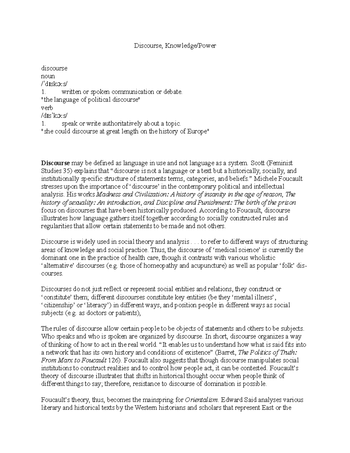 Discourse - Lecture notes 2-5 - Discourse, Knowledge/Power discourse ...